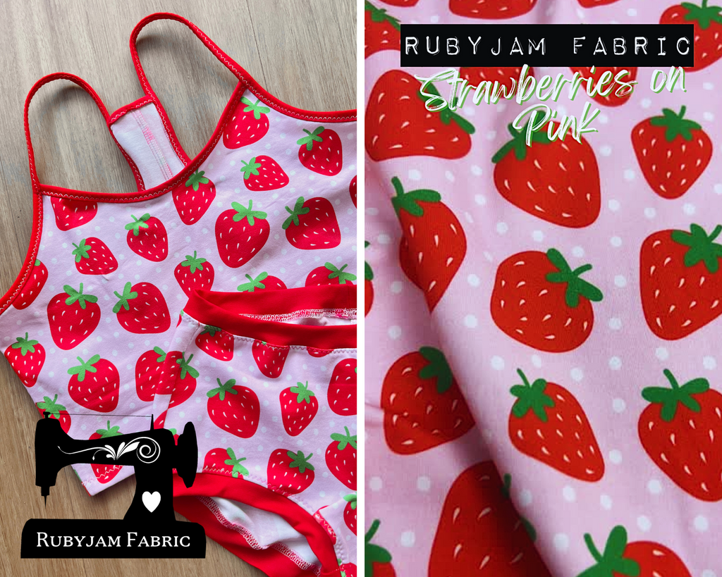 Strawberries on Pink, cotton lycra jersey knit fabric, 150cm wide, 220gsm – Rubyjam Fabric