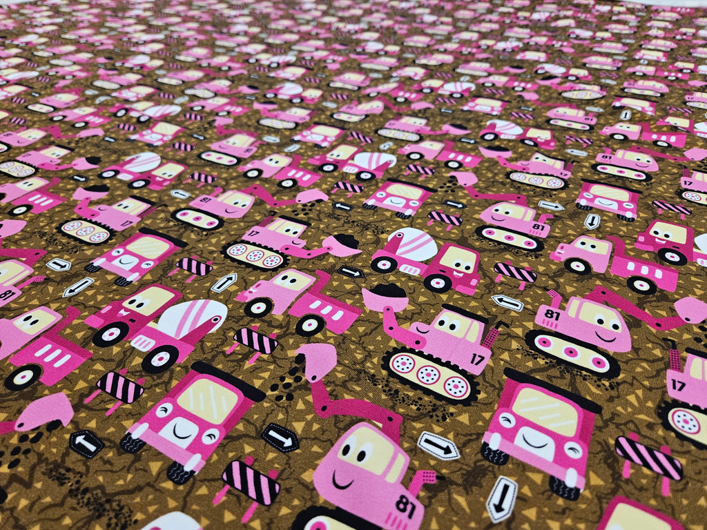 Pink Digger Trucks, cotton lycra jersey knit fabric, 150cm wide, 220gsm ...